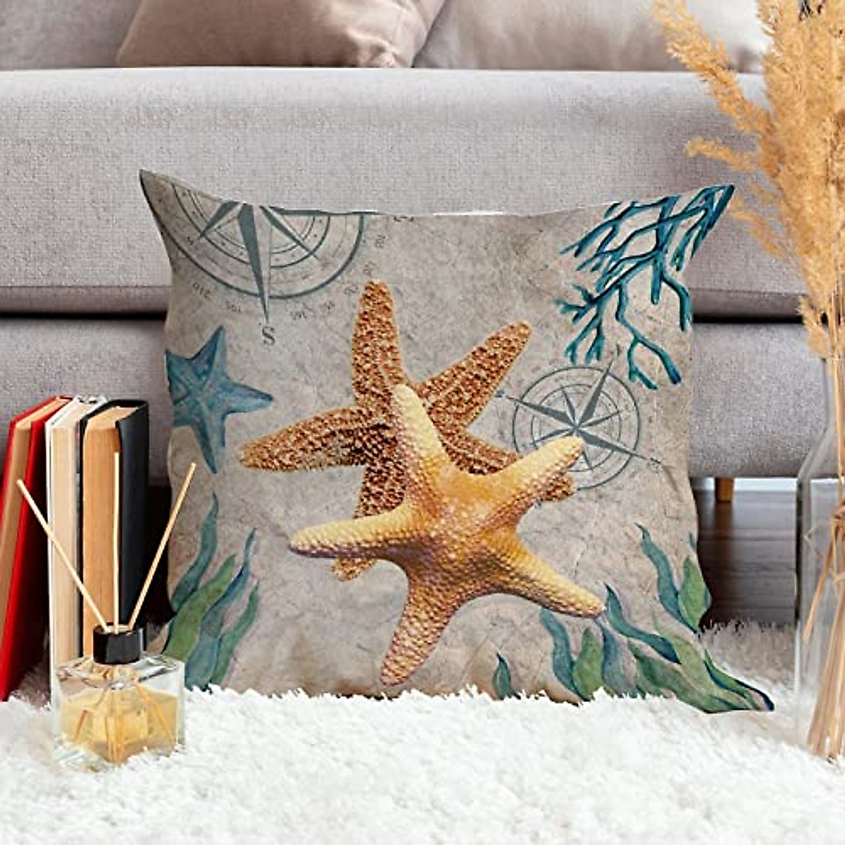 Vintage Beach Sea Life Starfish Throw Pillow Cushion with Zippe Nautical Sofa Pillows Sea Turtle Sea Life Farmhouse Throw Pillow Case for Sofa Living Room White Linen 22x22in Housewarming Gift
