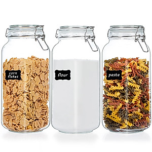 Vtopmart 78oz Glass Food Storage Jars with Airtight Clamp Lids, 3 Pack Large Kitchen Canisters for Flour, Cereal, Coffee, Pasta and Canning, Square Mason Jars with 8 Chalkboard Labels