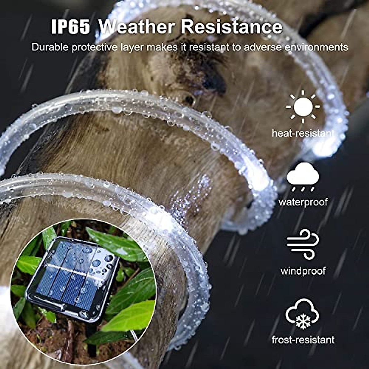 Solar Rope Light 33FT 100L IP65 Waterproof Outdoor LED Copper Fairy String Tube Lights for Party Garden Yard Home Wedding Christmas Halloween Holiday Decoration Lighting(Cool White)