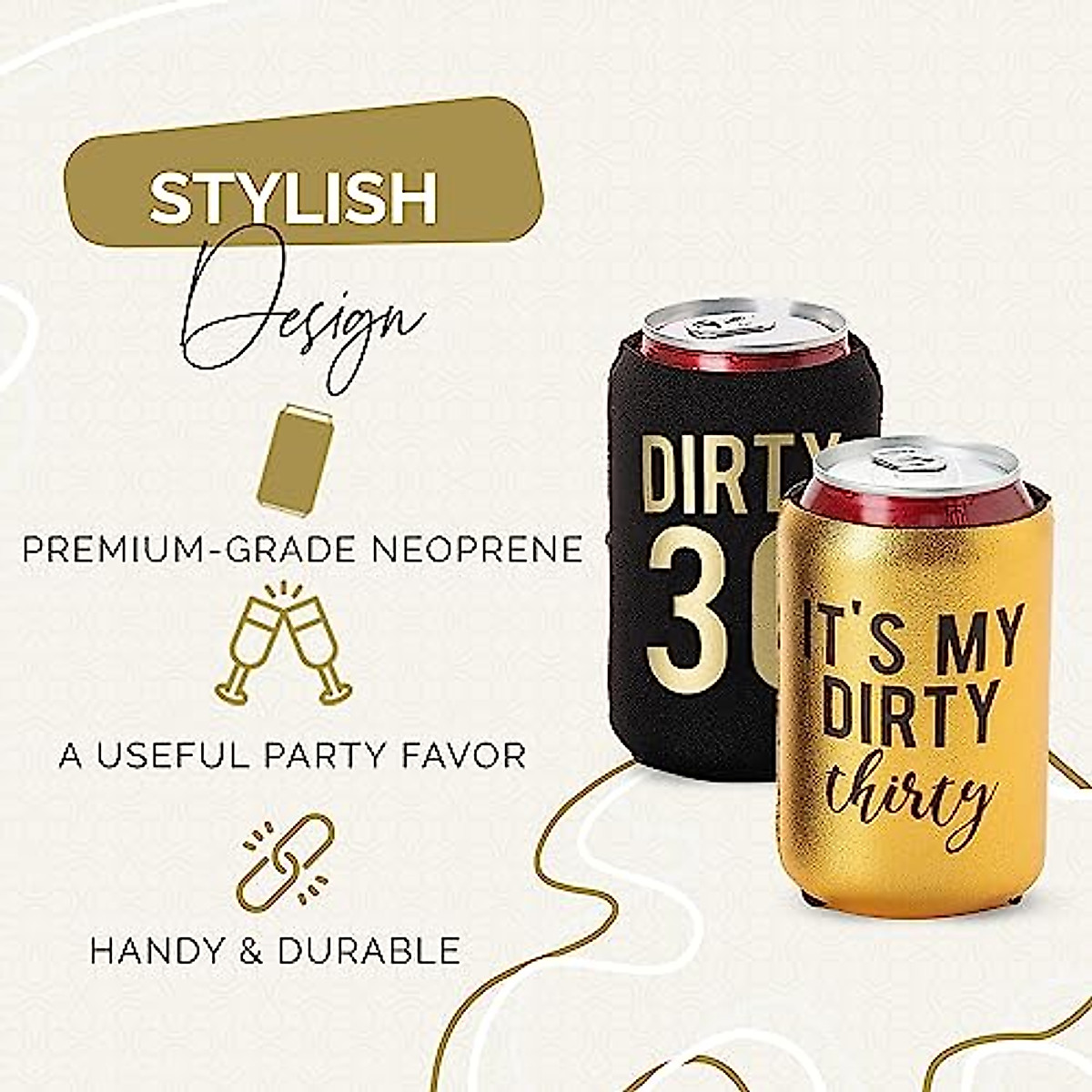 Dirty Thirty Decorations, 30th Birthday Can Coolers and 1 METALLIC Gold"It's My Dirty 30" Cooler, Set of 12, Black and Gold 30th Birthday Can Cooler, Perfect for Birthday Parties,Birthday Decorations!