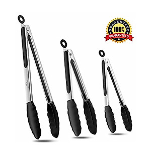 Bnlcd Kitchen Tongs, Premium Stainless Steel Locking Cooking Tongs with Silicone Tips, Non-Slip Food Tongs for Cooking, Heavy Duty, Non-Stick, 480℉, Set of 3-7" 9" and 12" Black