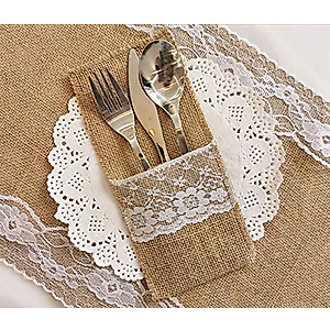 Lucky Monet 50PCS 4 x 8Inch Natural Burlap Lace Silverware Bag Utensil Holder Cutlery Pouch Hessian Knife Fork Tableware Bags for Wedding Party Restaurant Decoration (50PCS)