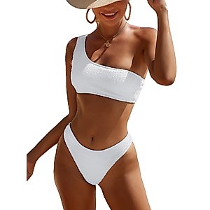 YIMISAN Womens Bikini Sets One Shoulder Top with Low Waisted Tankini Two Piece Bathing Suit White