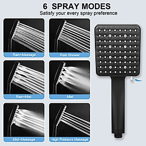 Handheld,Rain Black Square shower head with Hose,High Pressure 6 Spray Settings Rainfall Detachable shower heads Set with 59" Stainless Steel Hose/Bracket/Shower Loofahs/Tape