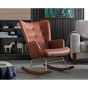 CIMOTA Leather Rocking Chair Nursery, Modern Armchair Tufted Wingback Comfy Rocker Chair with Thick Padded Seat for Nursery/Bedroom/Living Room, Faux Leather Retro Brown