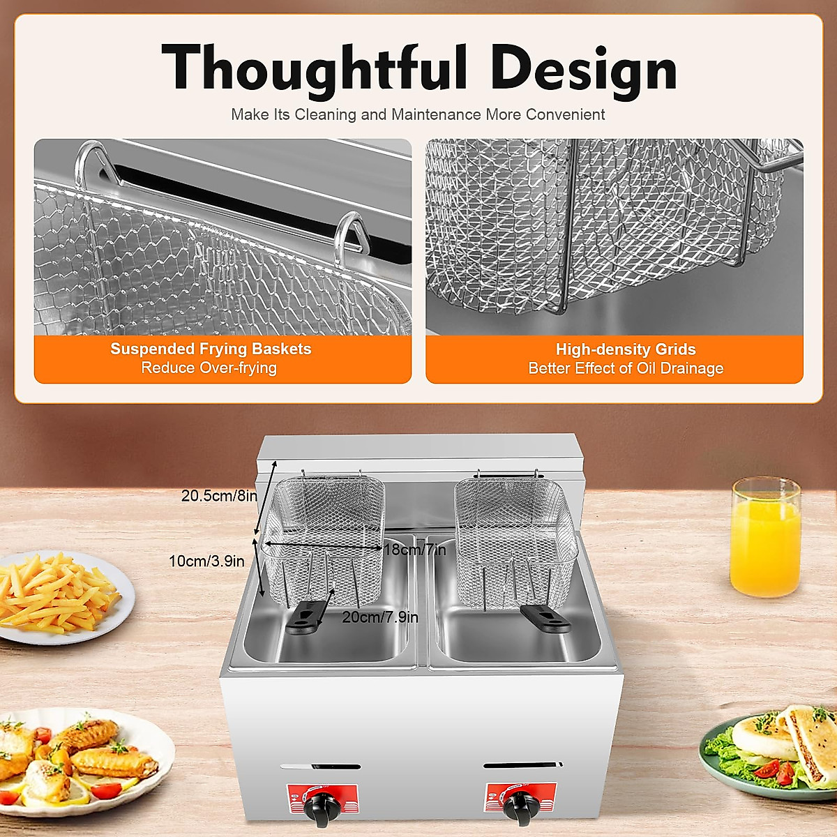 Commercial LPG Gas Deep Fryer,12L Countertop Stainless Steel Fryer Metal Tube Double Deep Fryer with 2 Frying Baskets and 2 Lids,for Cafeteria French Fries, Chicken, and More