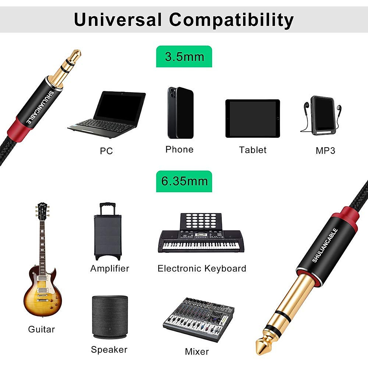 SHULIANCABLE 3.5mm to 6.35mm Stereo Audio Cable, 6.35 1/4" Male to 3.5 1/8" Male TRS Stereo Audio Cable for Guitar,iPod, Laptop, Home Theater Devices,Smartphones,and Amplifiers (10Ft/3M)