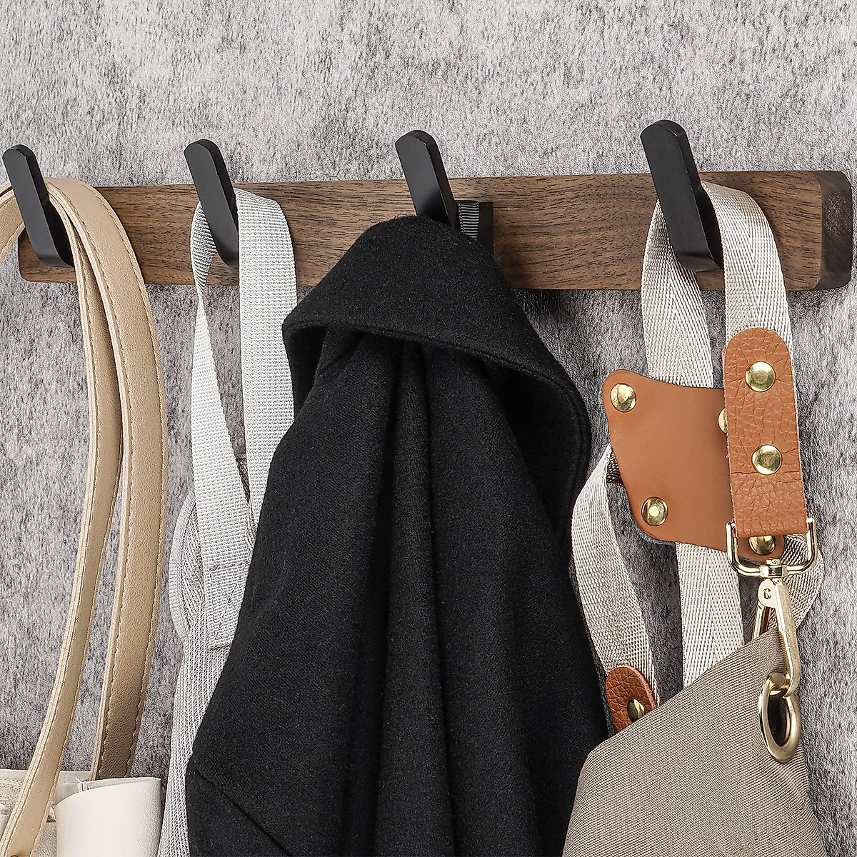 FATASTY Coat Hooks Wall Mount, Solid Walnut Wall Coat Rack with 4 Aluminum Hooks, 15.75 inches Coat Rack Wall Mount Hooks for Hanging Coats, Backpacks, Hats, Towels, Bags,etc.