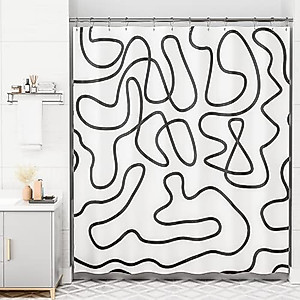 AmazerBath Shower Curtain, Black and White Shower Curtain Set with 12 Metal Hooks, Rustic Black Lines Art Fabric Shower Curtains for Bathroom Decor, Waterproof Black Strip Shower Curtain, 72x72 Inches
