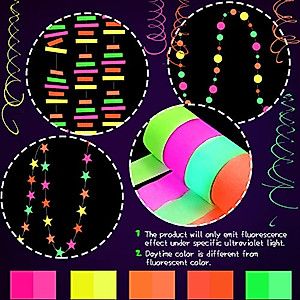 Neon Party Supplies Paper UV Neon Garland Neon Streamers Glow in The Dark Neon Party Decorations Garland Reactive UV Hanging Decorations for Birthday Party Glow Party Wedding Supply