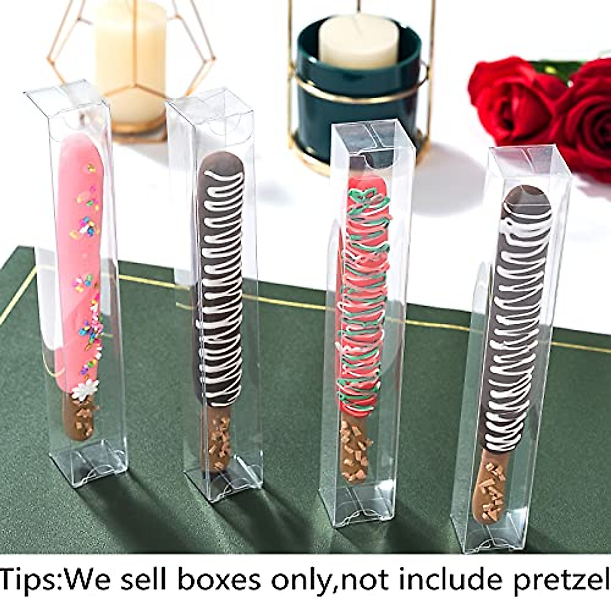 RomanticBaking 50 Pack 1 X 1 X 8 Inches Individual Chocolate Covered Pretzel Rods Boxes (Not include Pretzel) Gumball Boxes Party Favor Boxes Small Treat Boxes