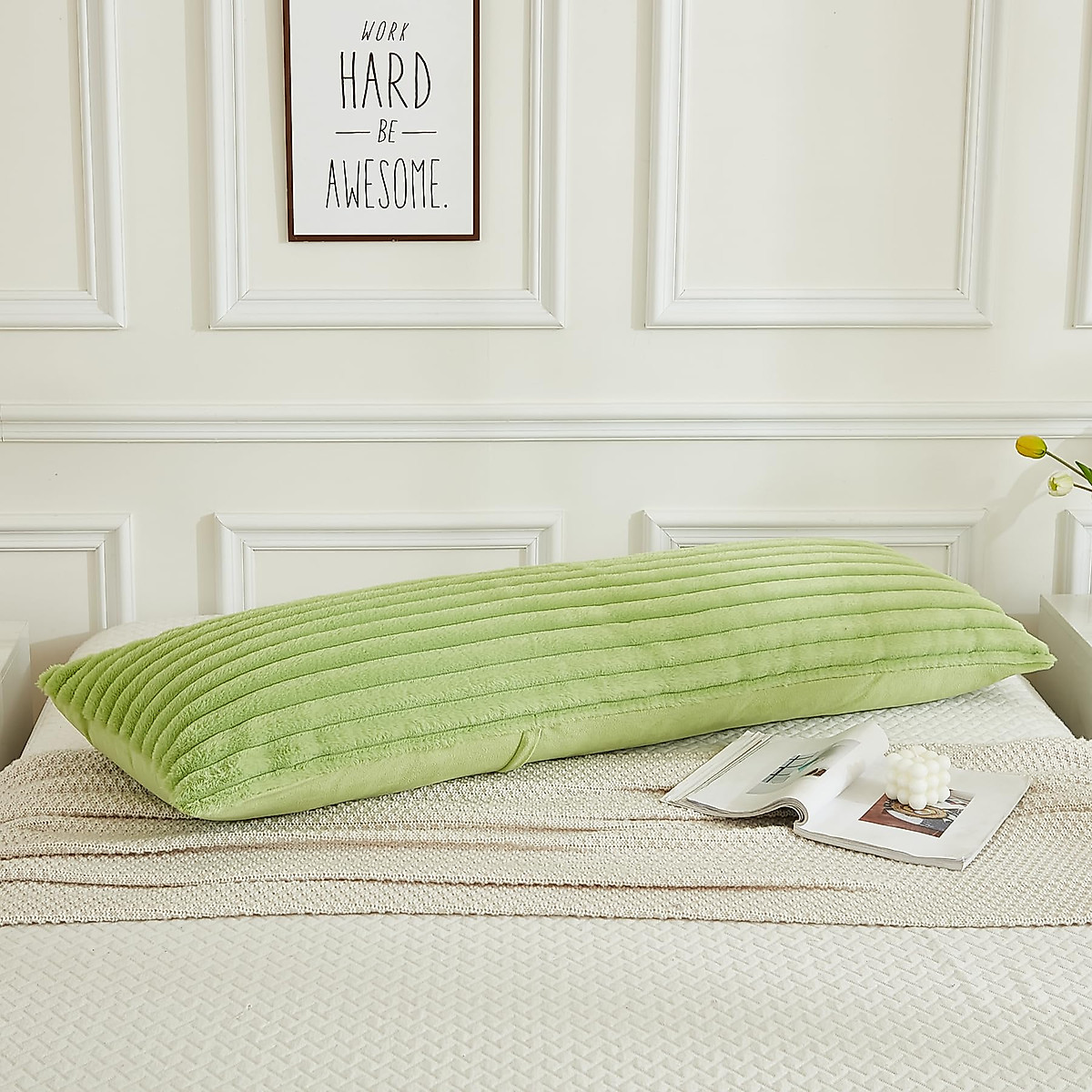 JAUXIO Faux Fur Fluffy Body Pillow Cover Luxury Striped Plush Decorative Body Pillowcase, Ultra Soft and Cozy Zipper Closure 21 x 54 Inches, Apple Green