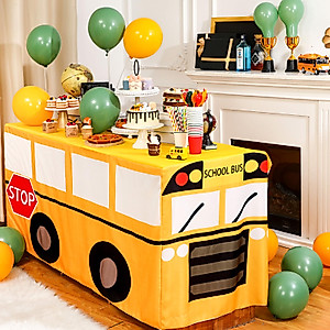 Oudain 6 Ft School BusTablecloth Birthday Party Table Cover Washable Fabric Polyester Rectangle Table Cover Protector School Bus Theme Party Back to School Party Decorations