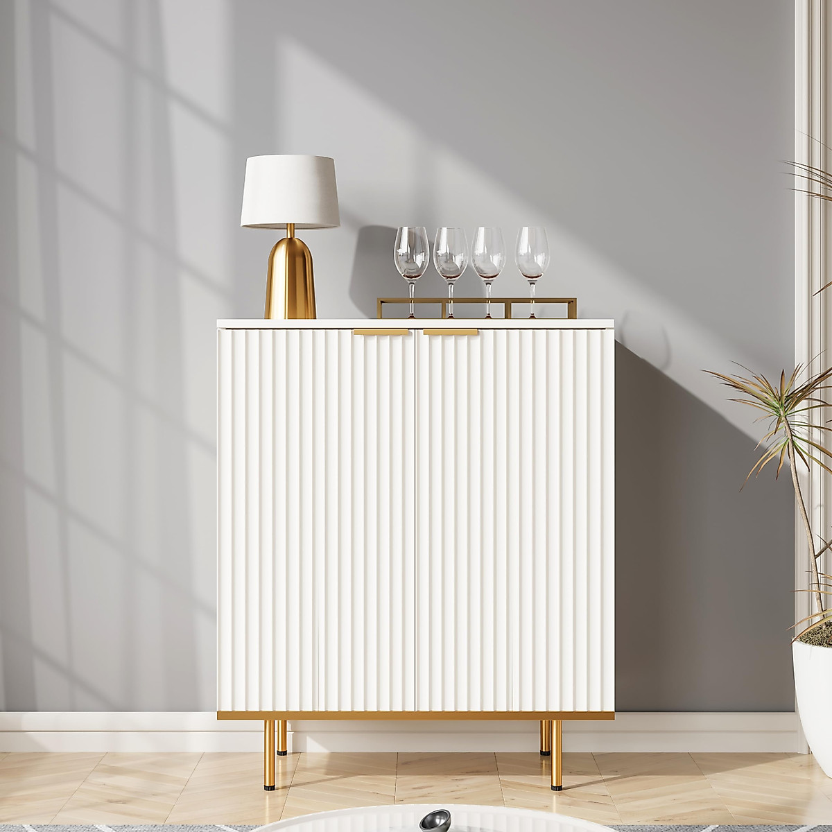 Fluted Sideboard Cabinet, Buffets & Sideboards, 2 Door Design, Elegant White Sideboard - Acceent Cabinet Ideal for Dining Room and Kitchen Storage 31.4 INCH