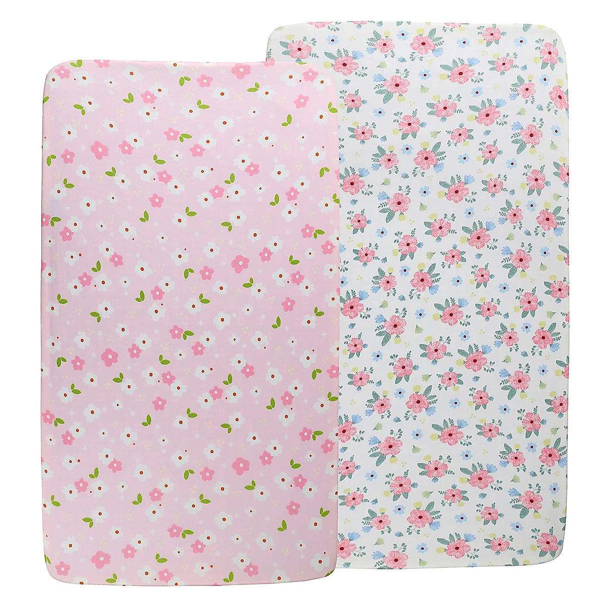 Crib Fitted Sheets 2 Pack Set for Baby Girl Soft Stretchy Jersey Knit Baby Sheet for Standard Crib and Toddler Mattress, Pink Floral