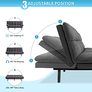 MUUEGM Futon Sofa Bed Couch, Memory Foam Futon Convertible Sofa Bed, 71″Fabric Futon with Convertible Backrest, Modern Loveseat Sofa, Sleeper Couch for Compact Space, Apartment, Living Room, Dark Grey