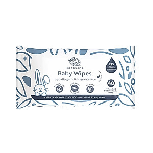 HEROLIFE Flushable & Biodegradable Baby Wipes, PlantBased, Hypoallergenic & FragranceFree, formulated with 99% water and plantderived ingredients ExtraLarge size 7.1” x 7.1” 3 packs of 40 wipes
