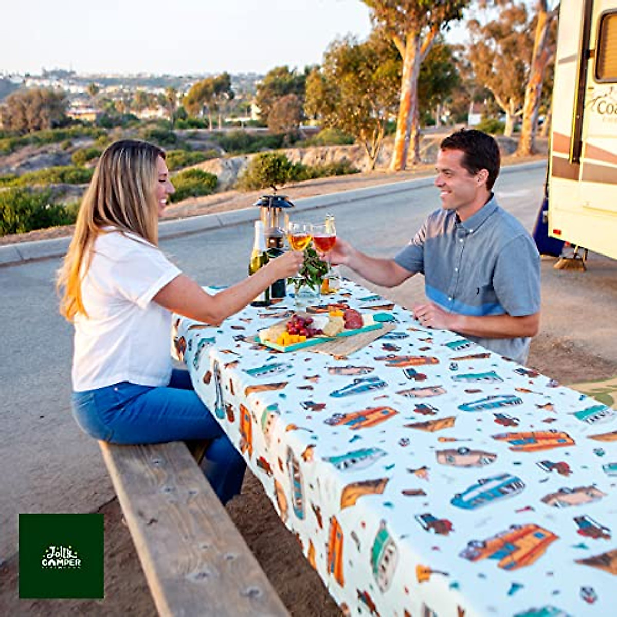 Jolly Camper Vintage Style Camping Tablecloth, Picnic Tablecloth, Fits 4ft to 8ft Picnic Tables, Polyester, Washable & Reusable, Spill & Stain Resistant, Water Repellent, Table Cloth for Picnic Table