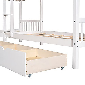 HYC L-Shaped Bunk Bed with Drawers, Bunk Bed for 4 Twin Over Twin for Boys Girls Kids Teen Wood Quad Bunk Beds Frame, White