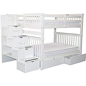 Bedz King Stairway Bunk Beds Full over Full with 4 Drawers in the Steps and 2 Under Bed Drawers, White