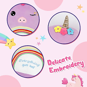 Easfan 14 Unicorn Rainbow Plush Pillow Get Well Stuffed Animals, Cuddly Soft Toy with Blink Eyes Flower Wreath, Everything Goes Well Gifts for Kids Toddlers Girls Boys, Purple