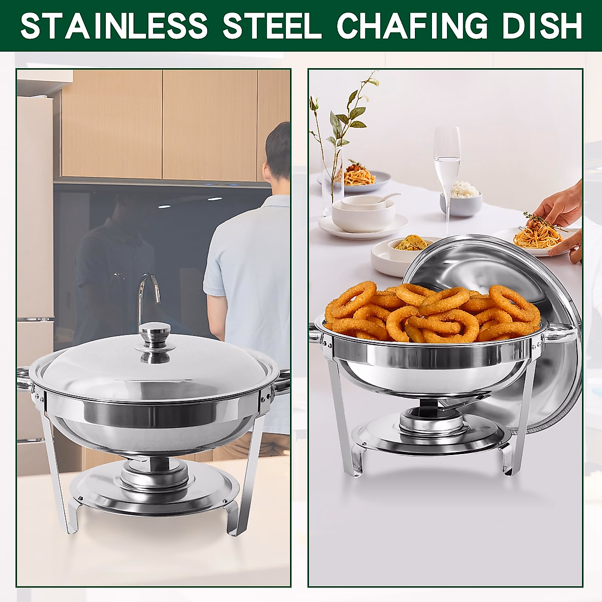 EVGTTI 4 Pack Round Chafing Dish Buffet Set, 5QT Stainless Steel Round Chafers and Buffet Warmer Sets for Catering, with Food & Water Pan, Lid, Foldable Frame, Fuel Holder