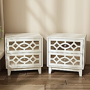 DiDuGo Nightstand with 2 Mirrored Drawers Set of 2, Wood End Table Bedside Table with Storage, Contemporary Style, Wooden Legs, for Bedroom White (18.9”W x 15.7”D x 19.7”H)