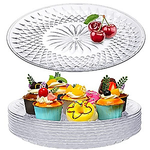 10 Pcs Round Serving Platter Reusable Acrylic Crystal Flan Plate Plastic Tray Clear Round Serving Tray for Food Cake Cookie Fruits Birthday Wedding Party (12 Inch)