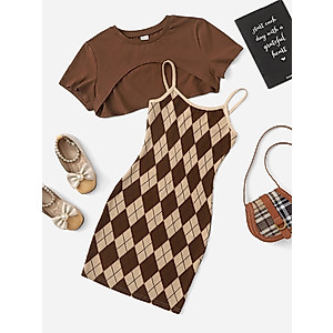 Romwe Girl's 2 Piece Outfits Argyle Print Cami Short Dress with Crop Top Tee Brown 11-12Y