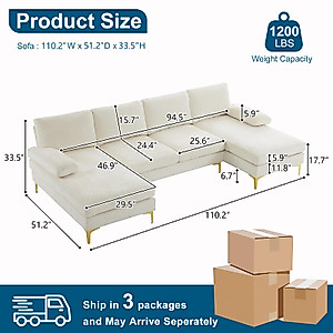 VINGLI 110" Large U-Shape Sectional Sofa Couch with 51" D Double Chaise for Living Room, Modern Sectional Couch Set with Soft 5.9" Thickness Seating Padding, Chenille Fabric,Metal Gold Legs(Beige)