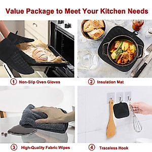 Extra Long Oven Mitts and Pot Holders Sets, 550°F High Heat Resistant Oven Mitts with Kitchen Towel and Hook, Non-Slip Silicone Thick Cotton Oven Gloves for Kitchen Cooking and Baking (9PCS) (Black)