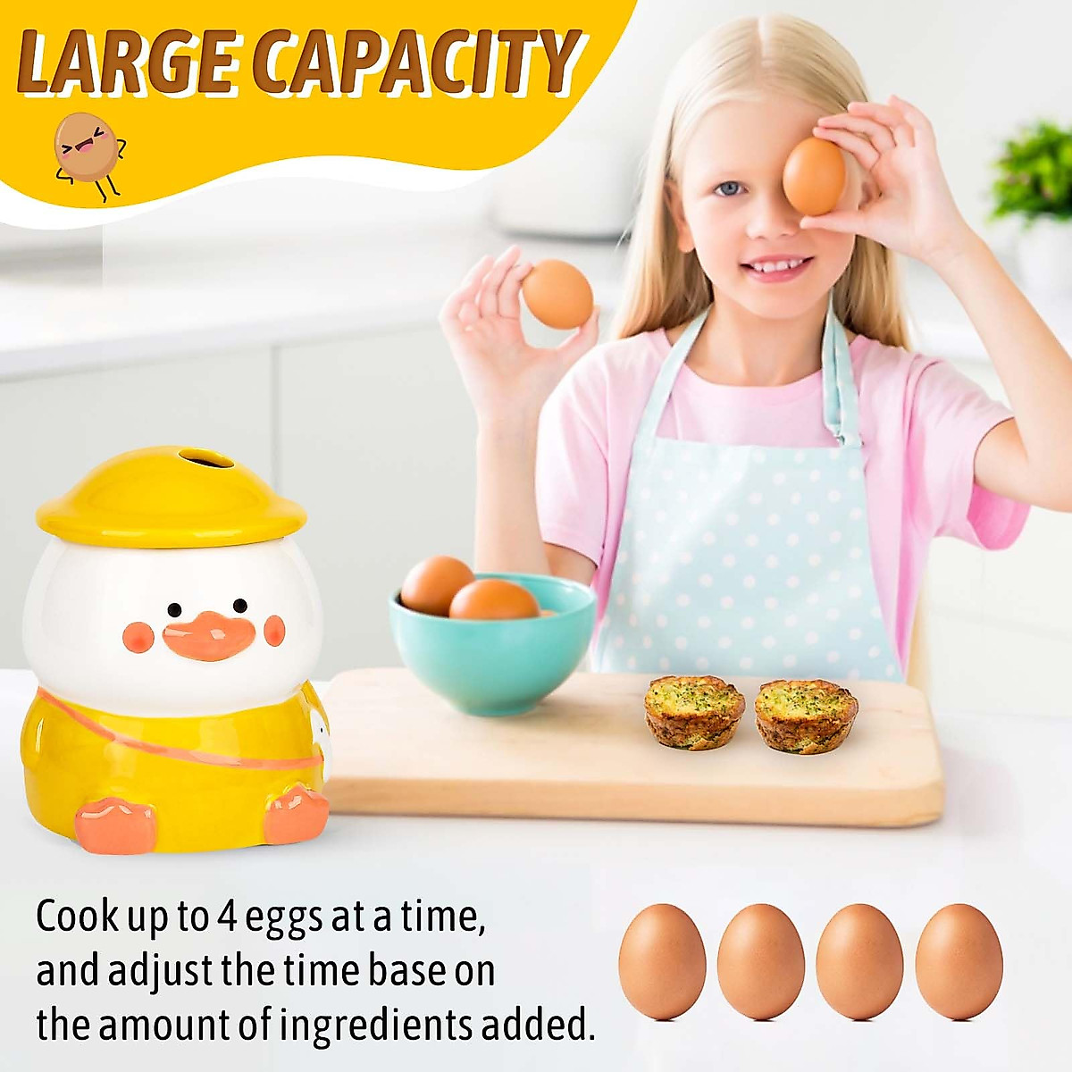Garybank Cute Ceramic Microwave Egg Cooker, Egg Poacher for Microwave w/Cooking Recipes, Quick Egg Bites, Scrambled & Poached Egg Maker Holds Up to 4 Eggs, Fast Egg Hamburg Omelet Maker Just 60s