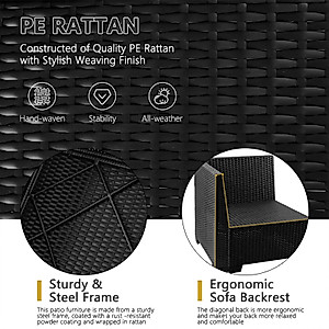 12 Piece Modular Wicker Outdoor Patio Sectional Furniture Sofa Set w/ Cushion, Outdoor Conversation Couch Set with Sloping Backrest and Wide Arm for Patio, Garden(Black Frame / Peacock Blue Cushion)