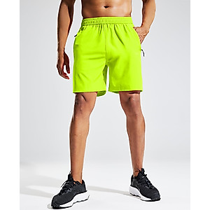 MIER Men's Athletic Shorts Workout Running Quick Dry Lightweight Gym Shorts with Zip Pockets 7" Inseam, Neon Green, Medium