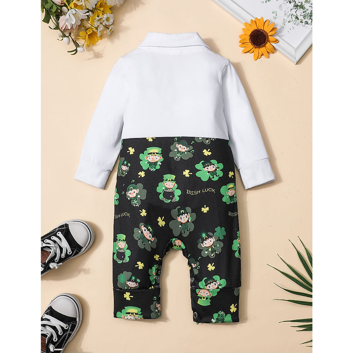 WIQI toddler boy St. Patrick's Day clothes Long Sleeve St. Pat's Day Shirt Romper Jumpsuit+ bow tie baby boy St. Patrick's Day outfit