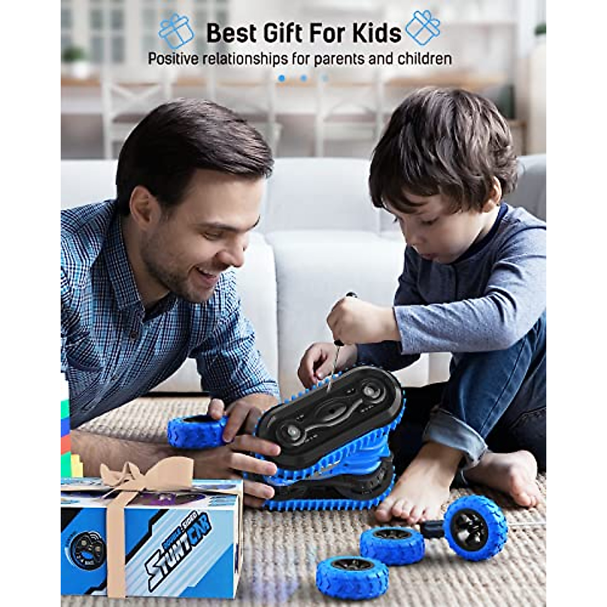 Toys for 5-12 Year Old Boys, 2 in-1 Rc Stunt Car for Kids and 2.4Ghz 4WD 360° Rotating with Headlights, Cool Remote Control Car Present Christmas Birthday Gifts for Kids Aged 4+