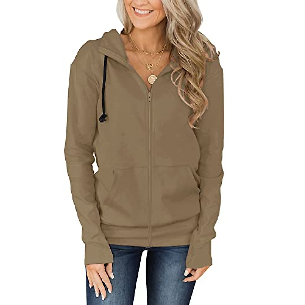 Fallorchid Womens Full-Zip Hoodies Casual Long Sleeve Sweatshirt with Pockets (1-Khaki,Medium,US,Alpha,Adult,Female,Medium,Regular,Regular)