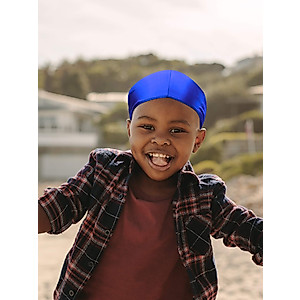 2 Pieces Silky Satin Baby Durags Kids Satin Durag Caps Headwraps with Long Tail and Wide Straps for 360 Waves (Black, Royal Blue)