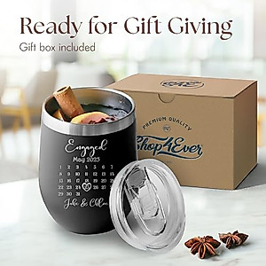 Custom Wedding Engaged Calender Save the Date Keepsake Engraved Insulated Stainless Steel Wine Tumbler with Lid 12 oz. Personalized Engagement Announcement Gift for Bride Groom (Black)