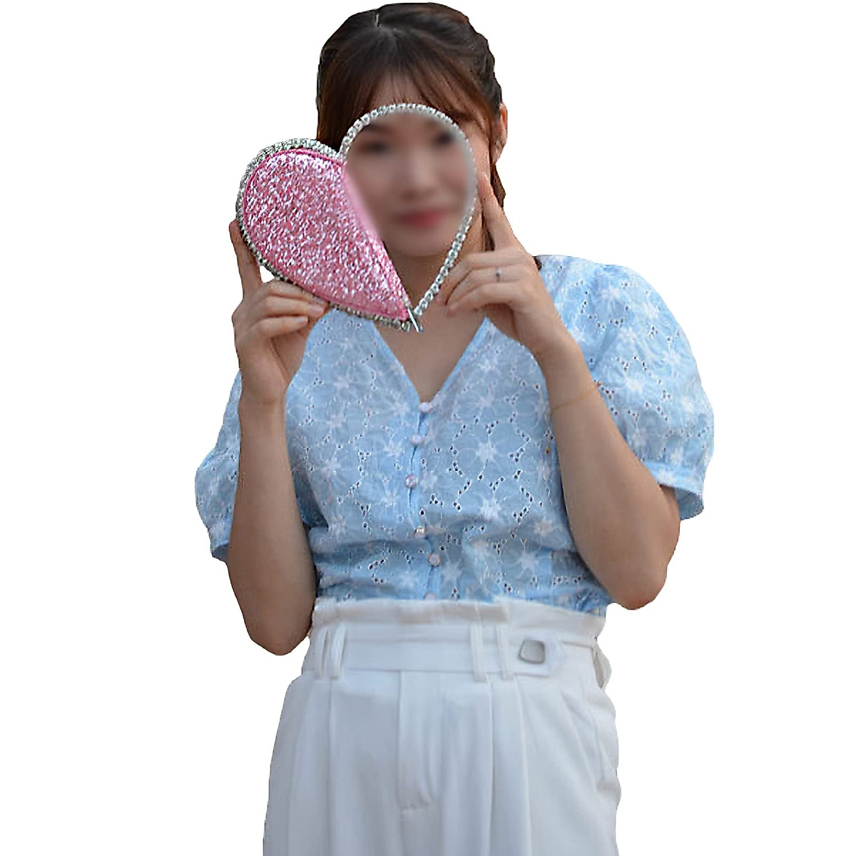 Anopo Heart Round Shape Rhinestone Clutch Purse Bag Diamond Frame Glitter Bright Sequins Evening Handbag Wedding Party Prom Heart Pink