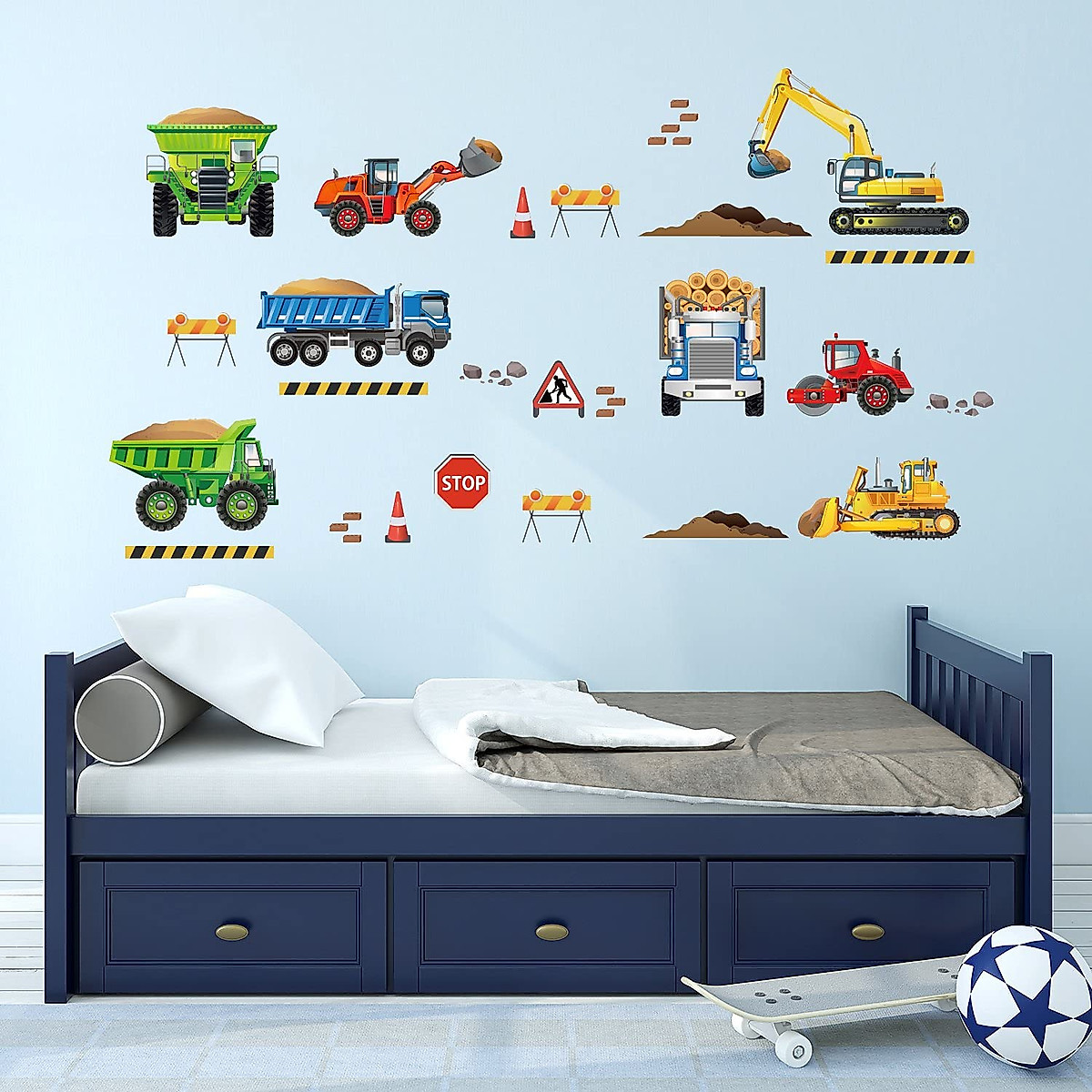 BASHOM BS-103 Large Construction Vehicles Wall Decals Excavator Tractor Truck Stickers for Kids Boys Baby Bedroom Nursery Playroom Living Room Art Decor