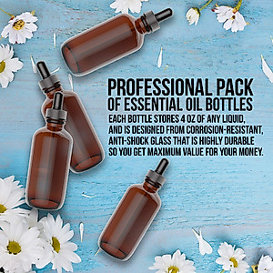 Nylea 12 Pack Essential Oil Dropper Bottles (4 oz) 120ml Round Boston Empty Refillable Amber Bottle with Glass Dropper [ Free Stainless Steel Funnel ] for Liquid Aromatherapy Fragrance Lot