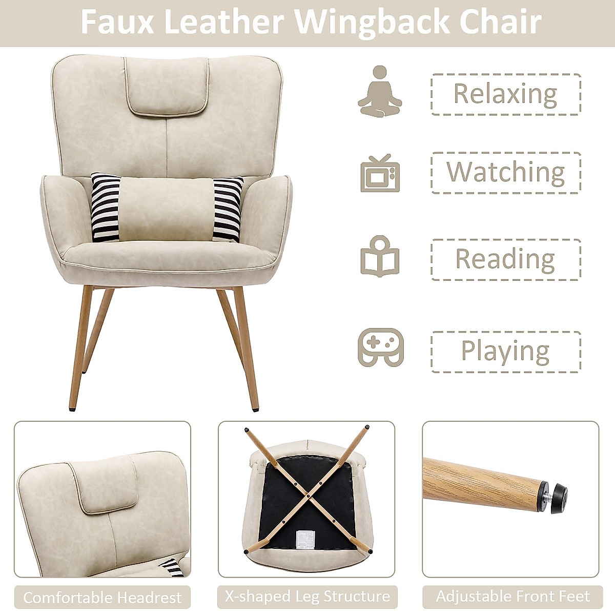 FERFALDER Upholstered Wingback Chair, Beige Accent Chair, Comfy Living Room Chairs, Faux Leather Arm Chair for Living Room, Bedroom, Office and Study