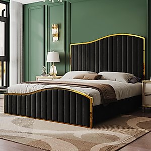 AMERLIFE Queen Size Bed Frame, 61.4" High Headboard Platform Bed Velvet Upholstered with Gold Trim & Footboard/Wooden Slats/No Box Spring Required/Black
