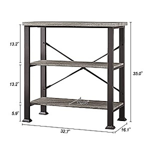 HOMBAZAAR Bookshelf, 3-Tier Vintage Industrial Book Shelf, Rustic Wood and Metal Bookcase and Bookshelves, Free Standing Storage Small Bookshelf for Living Room, Bedroom and Kitchen, Grey Oak