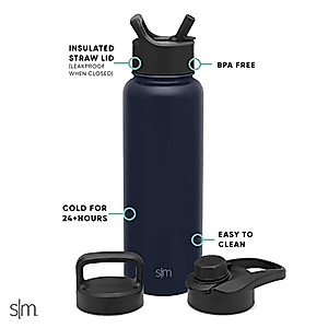 Simple Modern Water Bottle with Straw, Handle, and Chug Lid Vacuum Insulated Stainless Steel Metal Thermos Bottles | Large Leak Proof BPA-Free Flask for Gym | Summit Collection | 40oz, Deep Ocean
