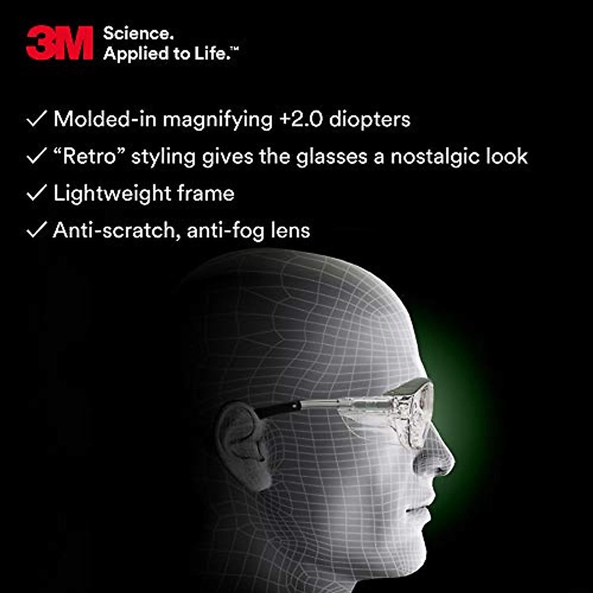 3M Safety Glasses with Readers, Nuvo Readers, +2.0 Diopter, ANSI Z87, Clear Lens, Gray Frame, Soft Nose Bridge, Side Shields