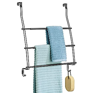 mDesign Expandable Metal Over Shower Door Towel Rack for Bathroom - 3-Tier Organizer with 2 Large Hooks - Holder for Hand/Bath Towels, Washcloths, Loofahs, Sponges - Trinity Collection - Matte Black