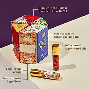 Dukhni Premiere Attar Oil Set | العطار العربي |  x6 bottles x 6 ml  Authentic Arabic Fragrance Oils | 100% Halal Blends, Ramadan Eid Gifting | Oud Ibtisam, Oud Khaleeji, Oud Habayeb, Kasturi XX, Ambar, Blue Girl - 6ml each