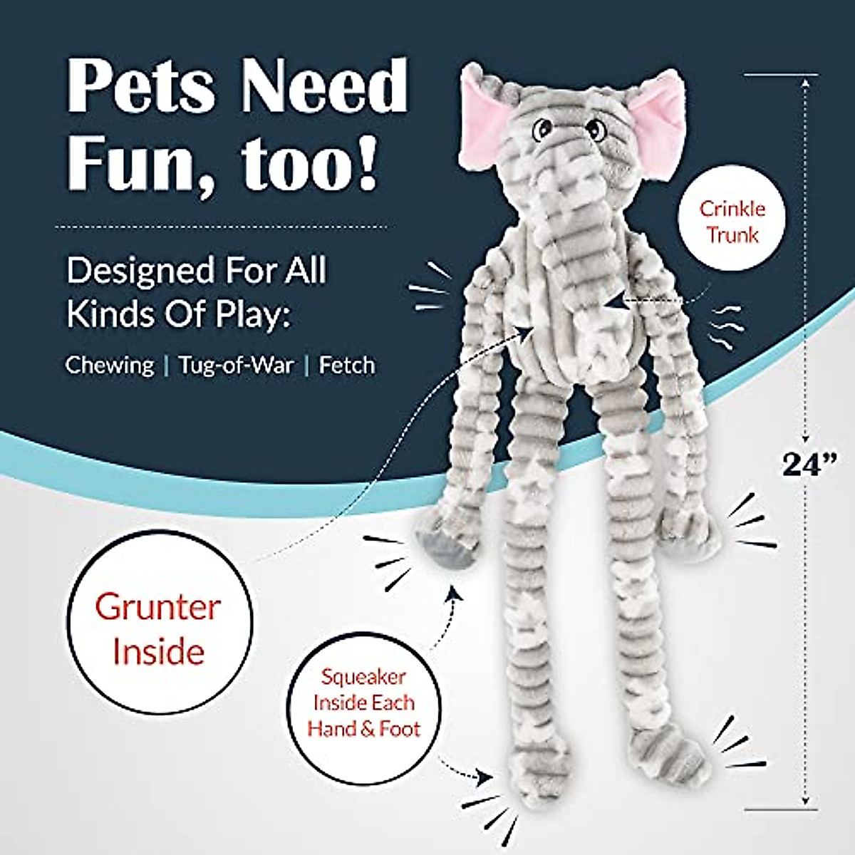 Flourish Pets 3 in 1 Multi-Layer Chew Toy for Active Dogs | Non-Toxic BPA Free Double Stitched Soft Fabric Exterior Dog Toys | Long-Lasting Dog Plush Toys - Long Leg Ellie Elephant (24″)